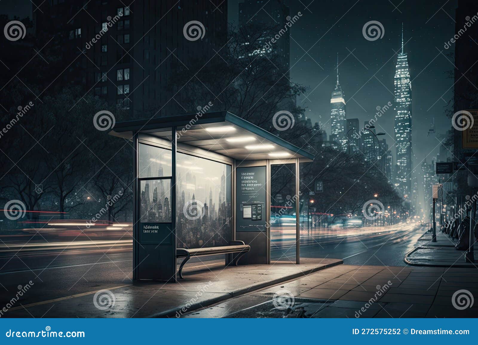 Bus Stop, with View of the City Skyline and Bustling Metropolis, at ...