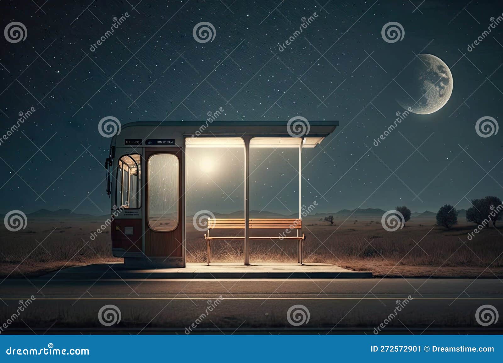 Bus Stop, with View of the Moon and Stars, at Night Stock Illustration ...