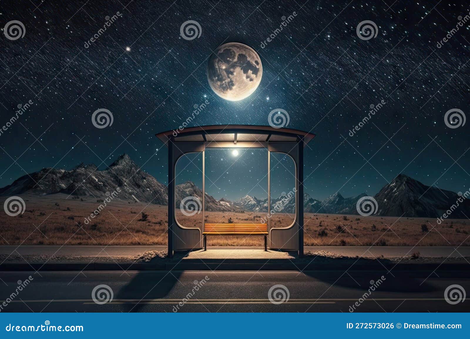 Bus Stop, with View of the Moon and Stars, at Night Stock Illustration ...