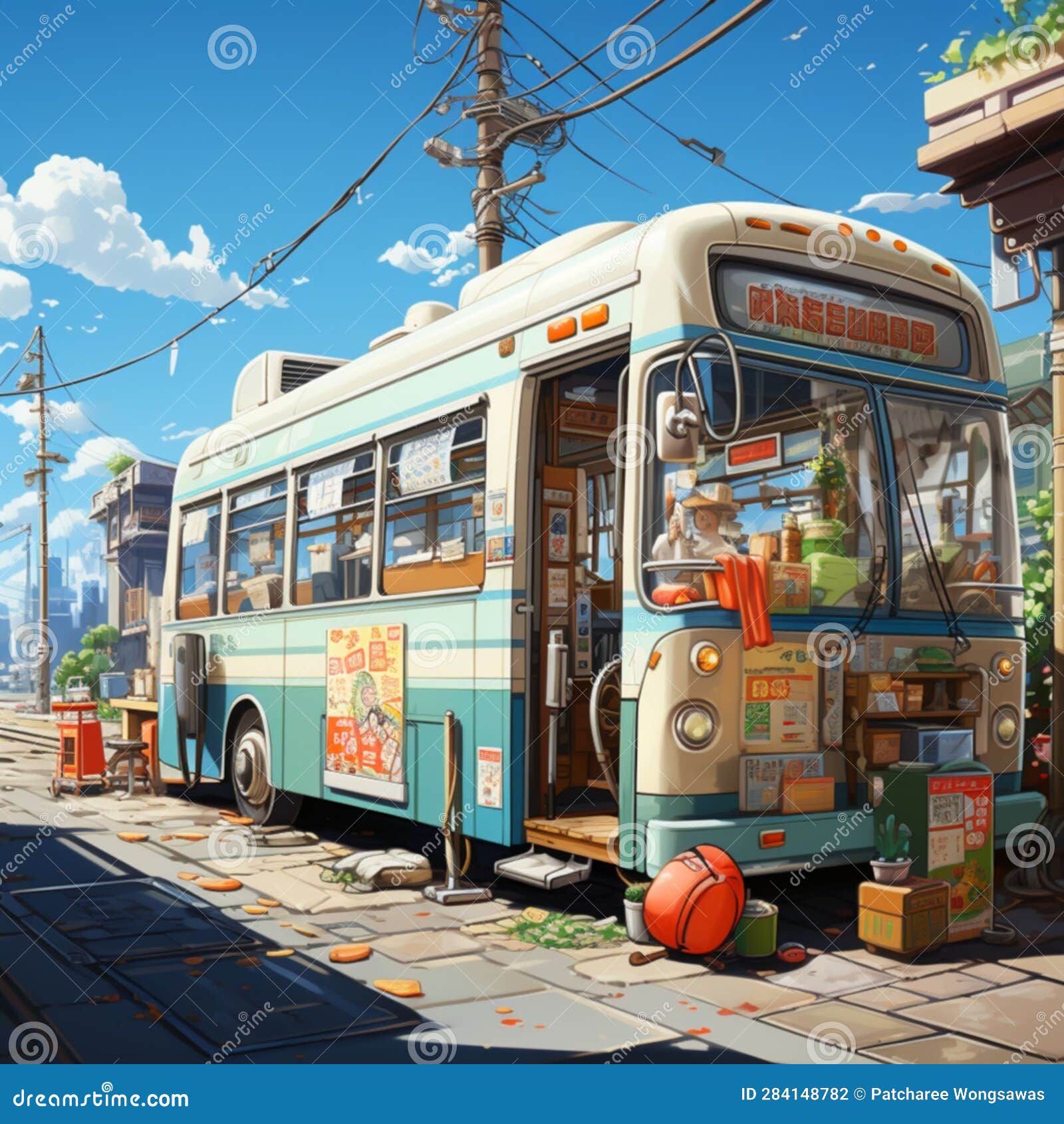 Bus Stops Picking Up Passengers Stock Illustration - Illustration of ...