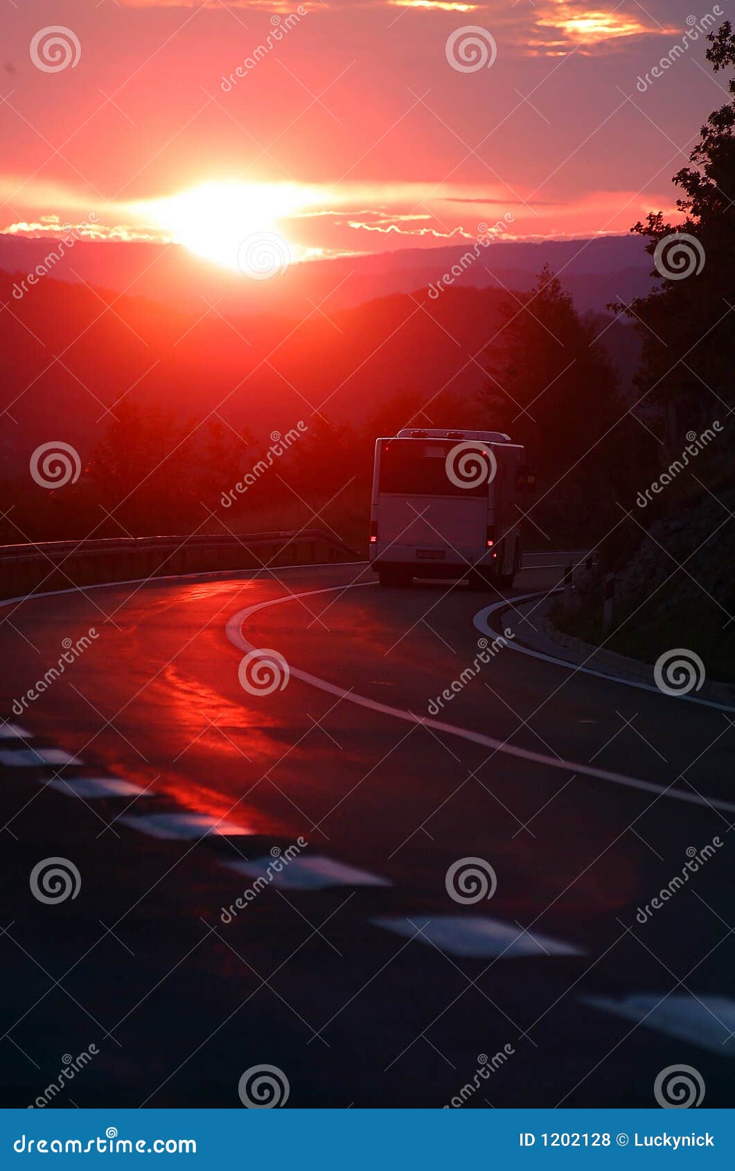 Bus in sunset stock photo. Image of roadway, tapes, route - 1202128