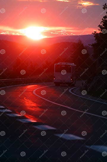 Bus in sunset stock photo. Image of roadway, tapes, route - 1202128