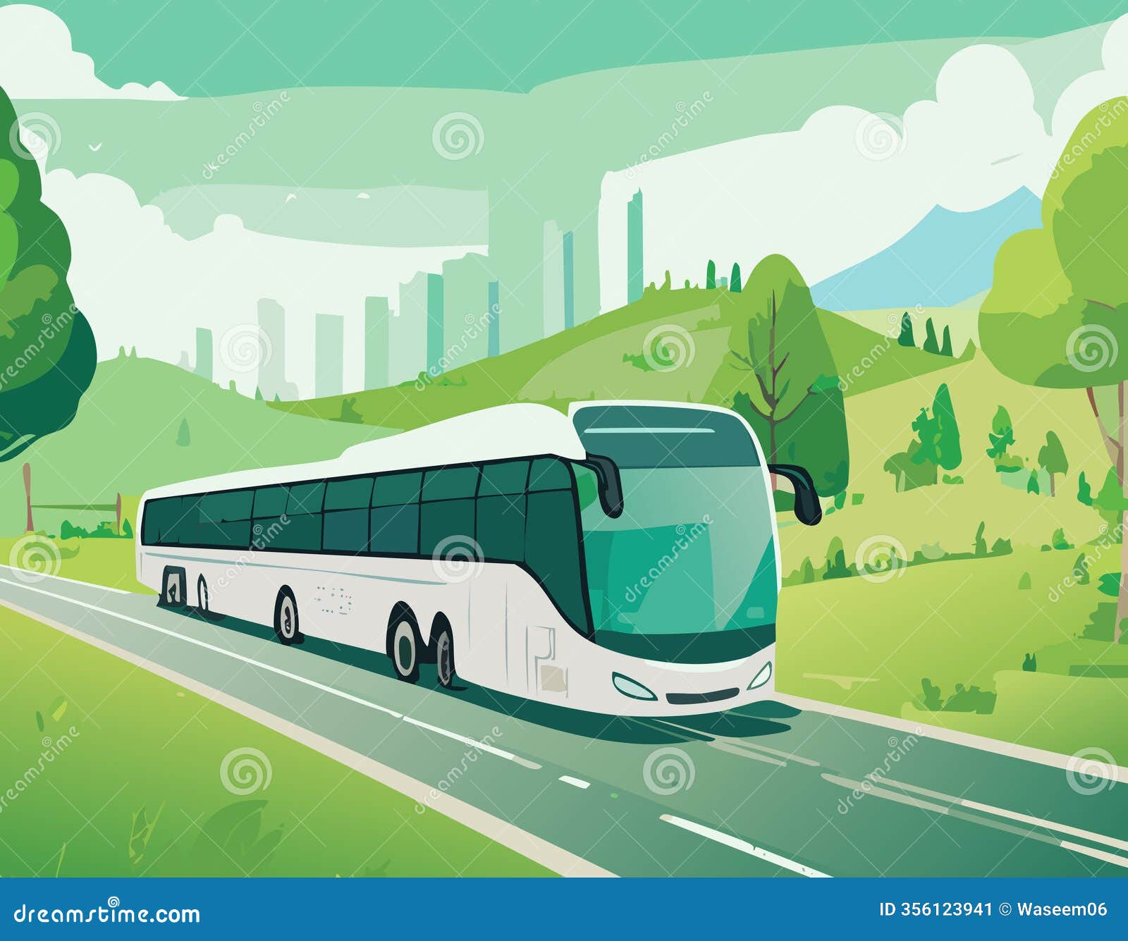 Bus Travel in Nature with Green Grass and Trees. Vector Illustration ...