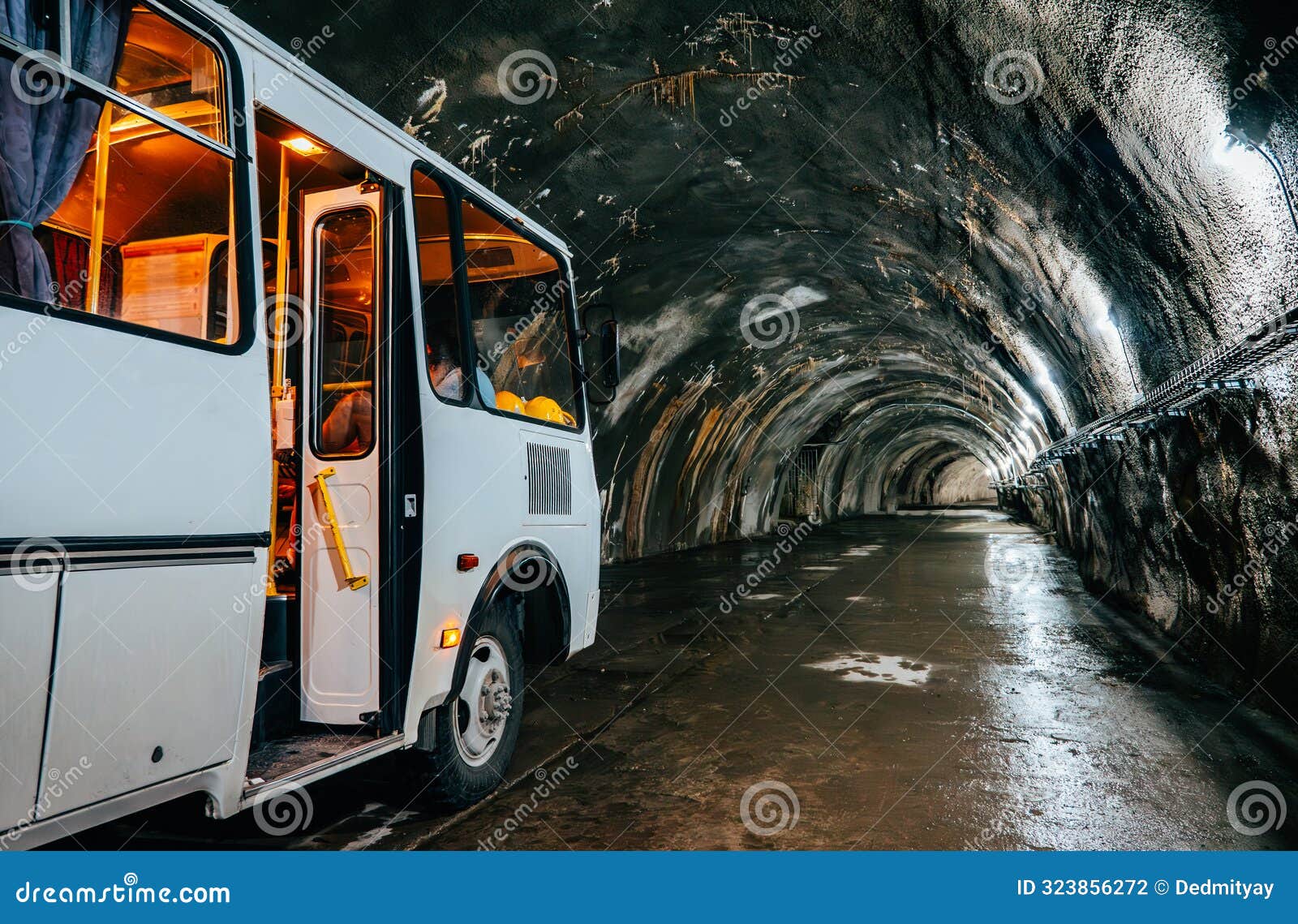 Bus Waiting for Workers in Industrial Underground Wet Tunnel Stock ...