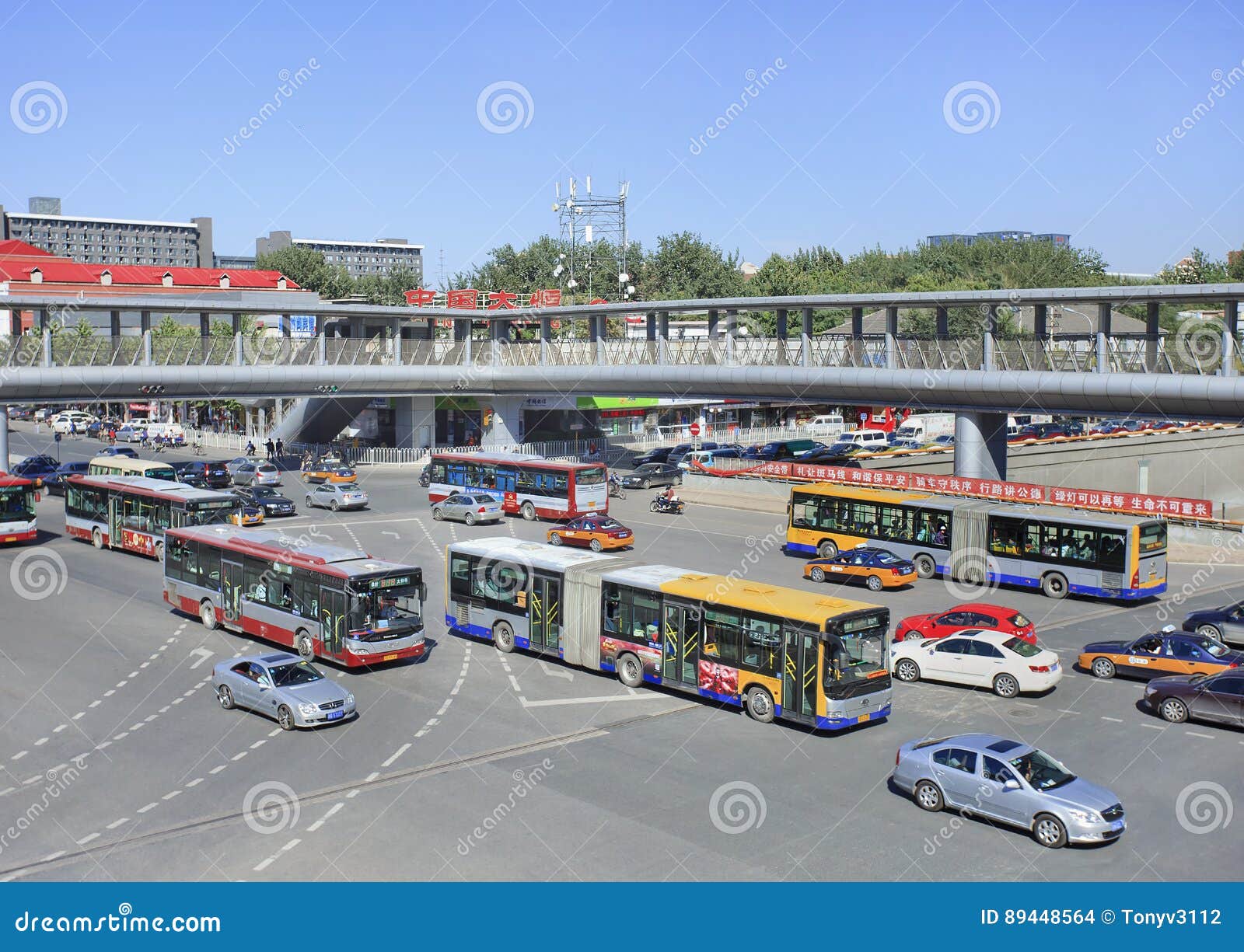 Buses and Taxis on a Busy Intersection, Beijing, China Editorial Stock ...