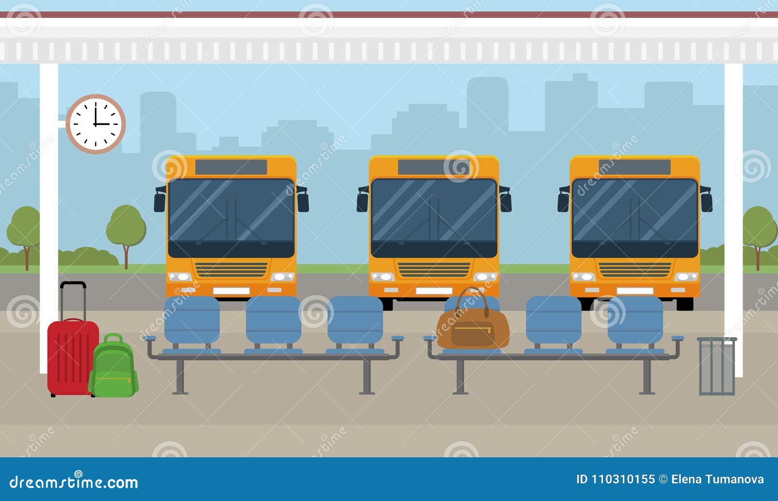 Buses and Waiting Area on City Background. Stock Vector - Illustration ...