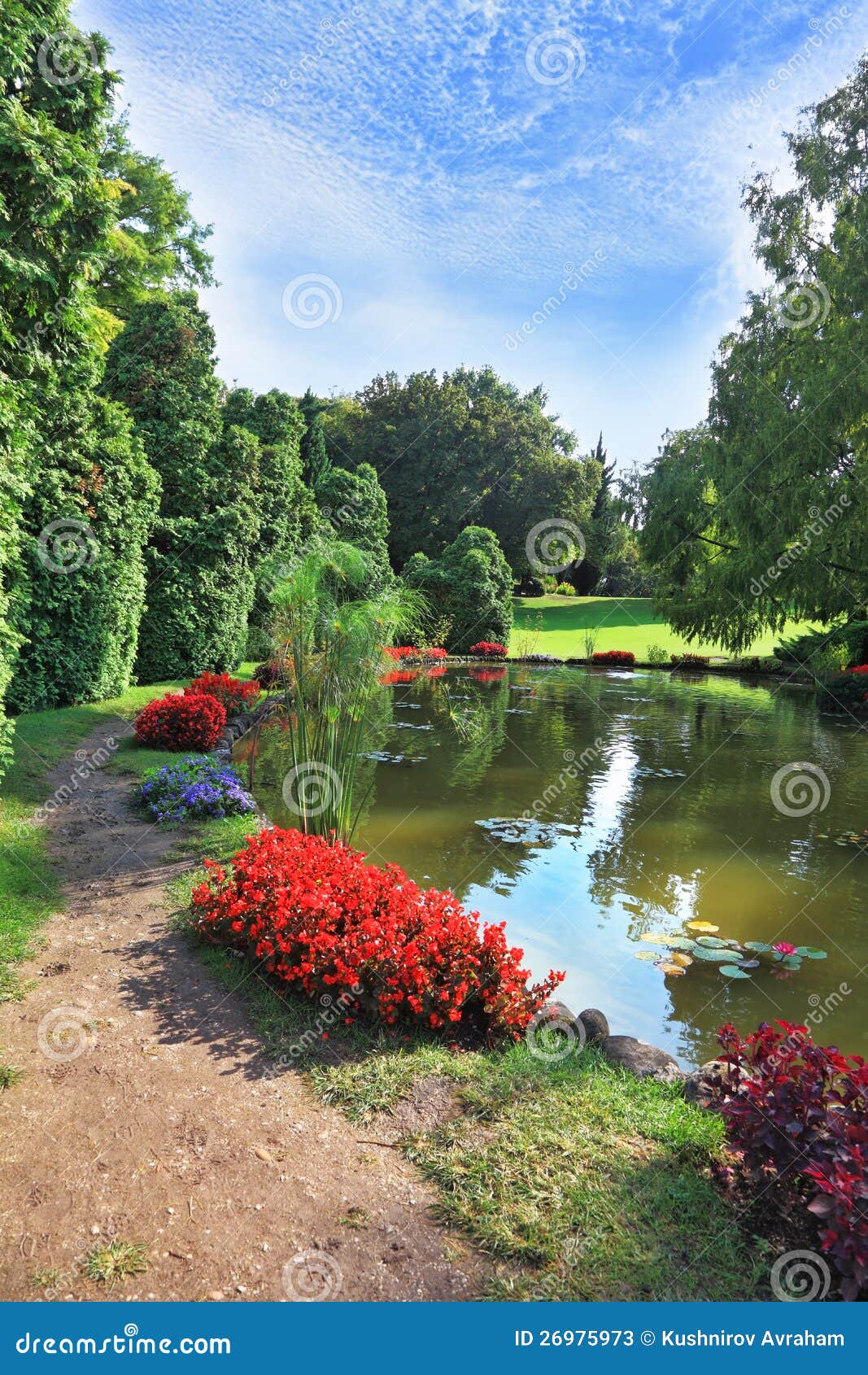 The Bush with Red Flowers Around a Circular Pond Stock Image - Image of ...