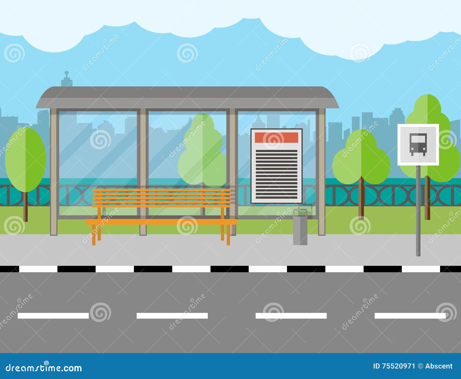 Bushalte Met Bank En Stadsachtergrond Vector Illustratie - Illustration ...