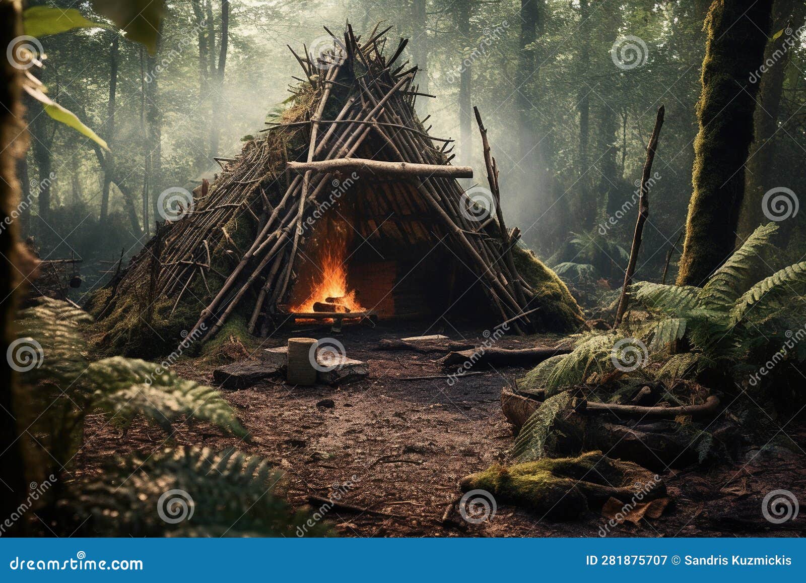Bushcraft Wickiup Shelter in the Forest. Generative AI Stock Image ...