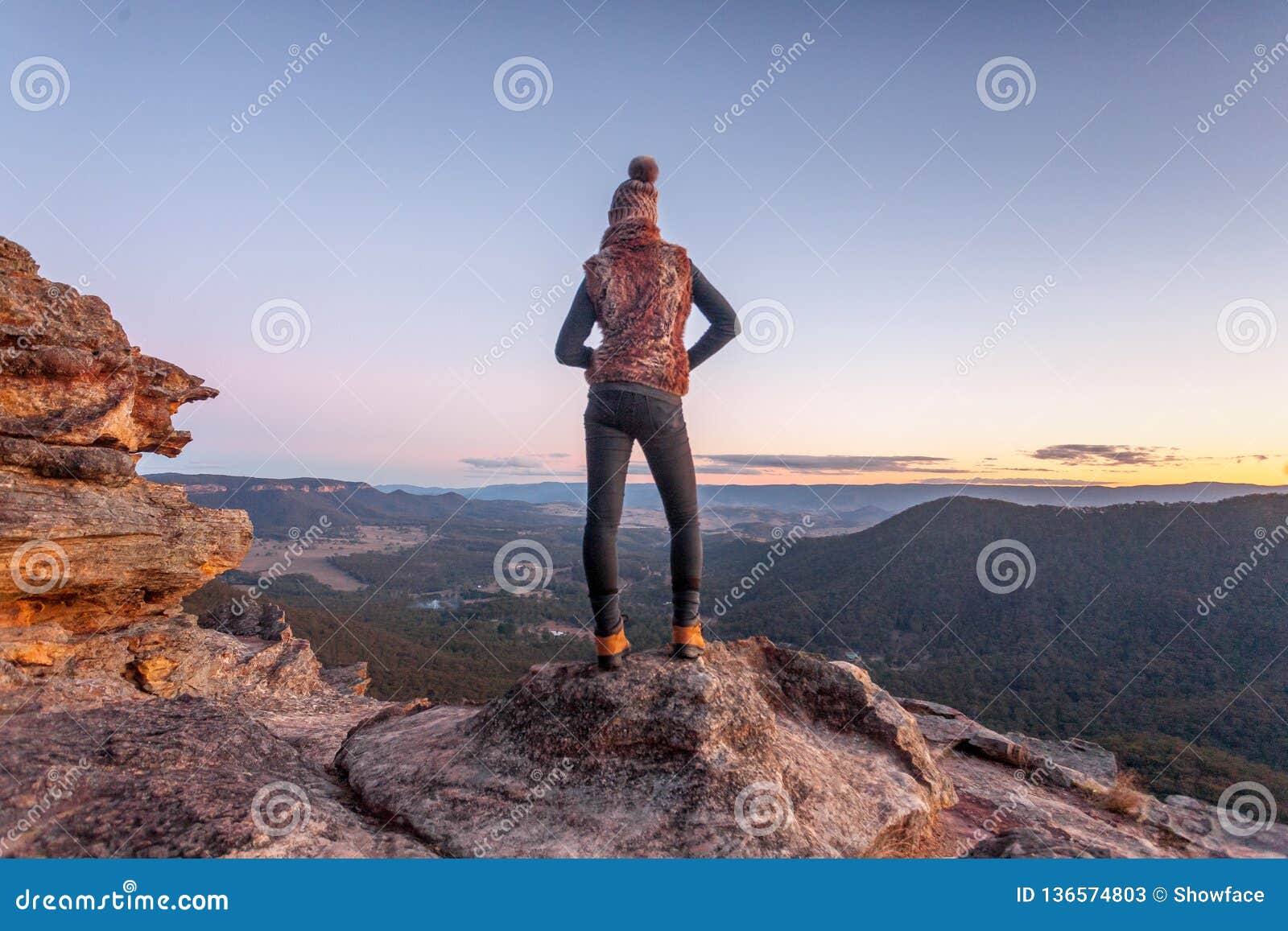 Bushwalker on Summit of Mountain with Valley Views Stock Image - Image ...