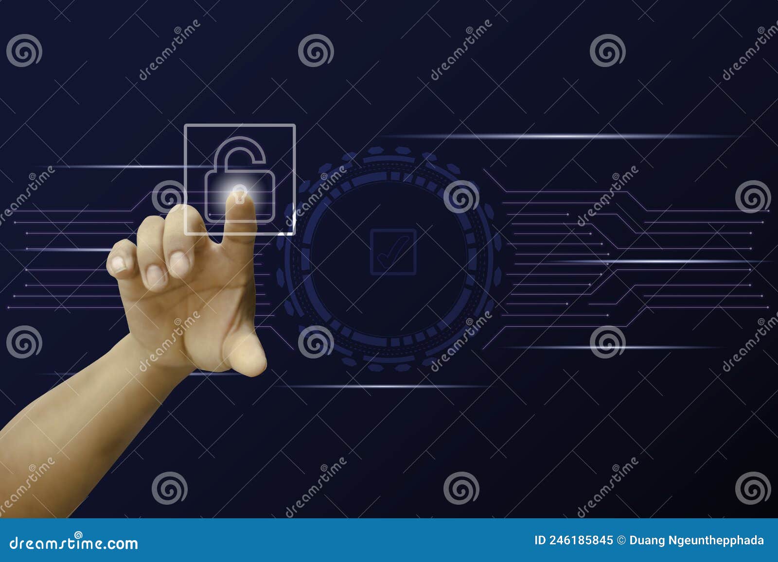 Busines Man Touching Virtual Button To Unlock Security Protection ...