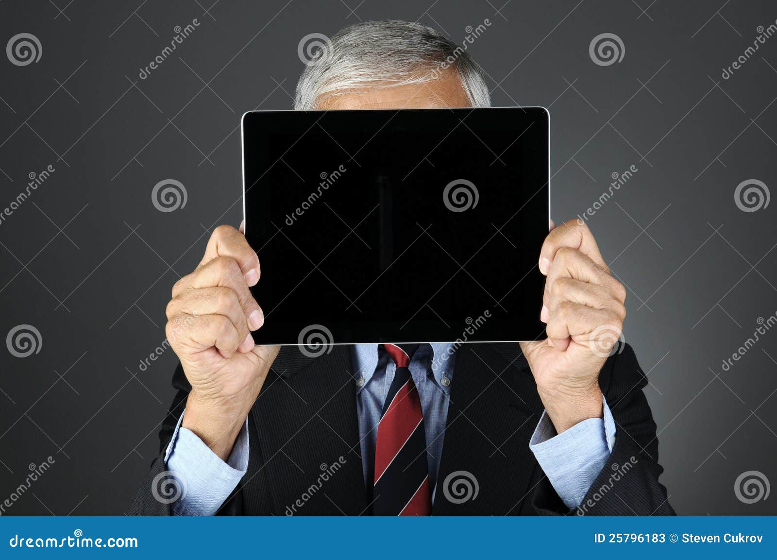 Businesman Behind Tablet Computer Stock Image - Image of holding, grey ...