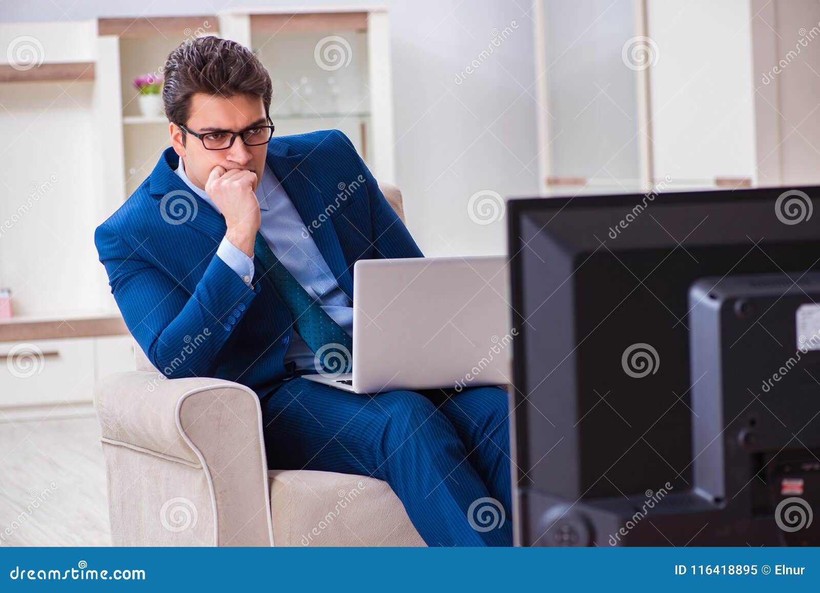 The Businesman Watching Tv in Office Stock Image - Image of living ...