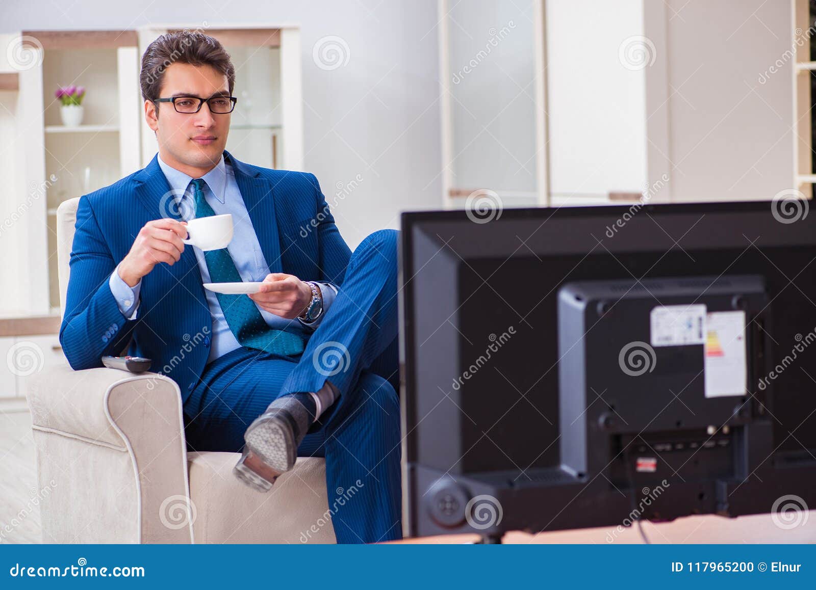 The Businesman Watching Tv in Office Stock Photo - Image of ...