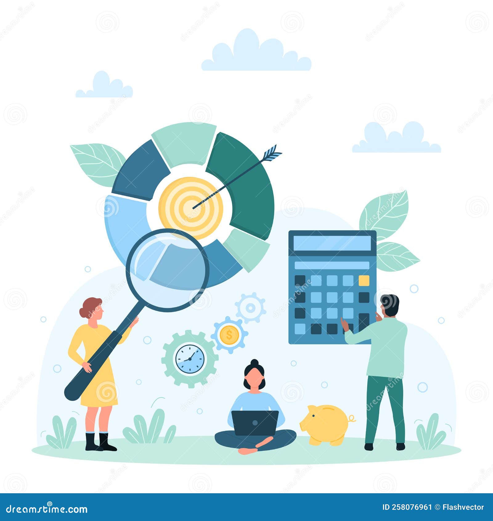 Business Analysis, Analytics, Tiny People Analyze Pie Chart with Magnifying Glass Stock Vector ...