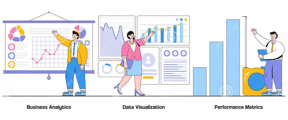 Business Analytics, Data Visualization, Performance Metrics Concept with Character. Data-driven ...