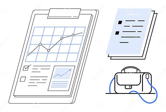 Business Analytics and Documentation with Clipboard, Graph, Documents, and Briefcase Stock ...