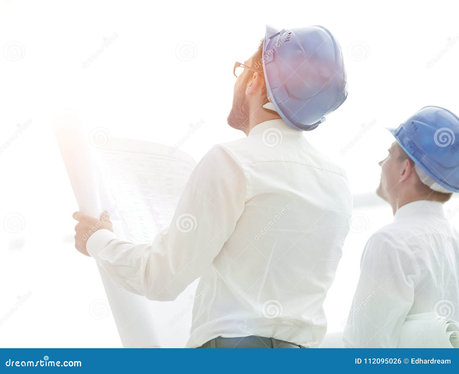 Rear View.architect and Builder Looking at Blank Screen Stock Photo ...