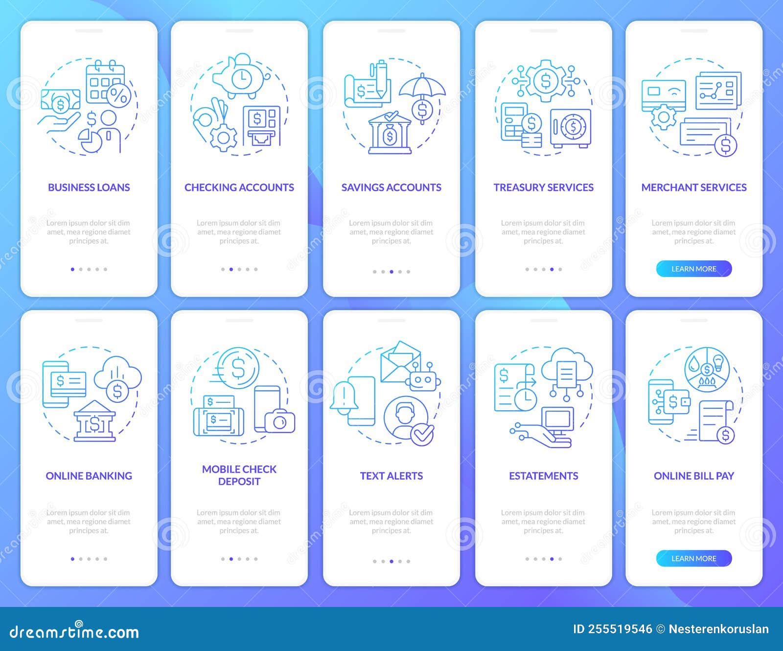 Business Bank and Digitization Blue Gradient Onboarding Mobile App ...