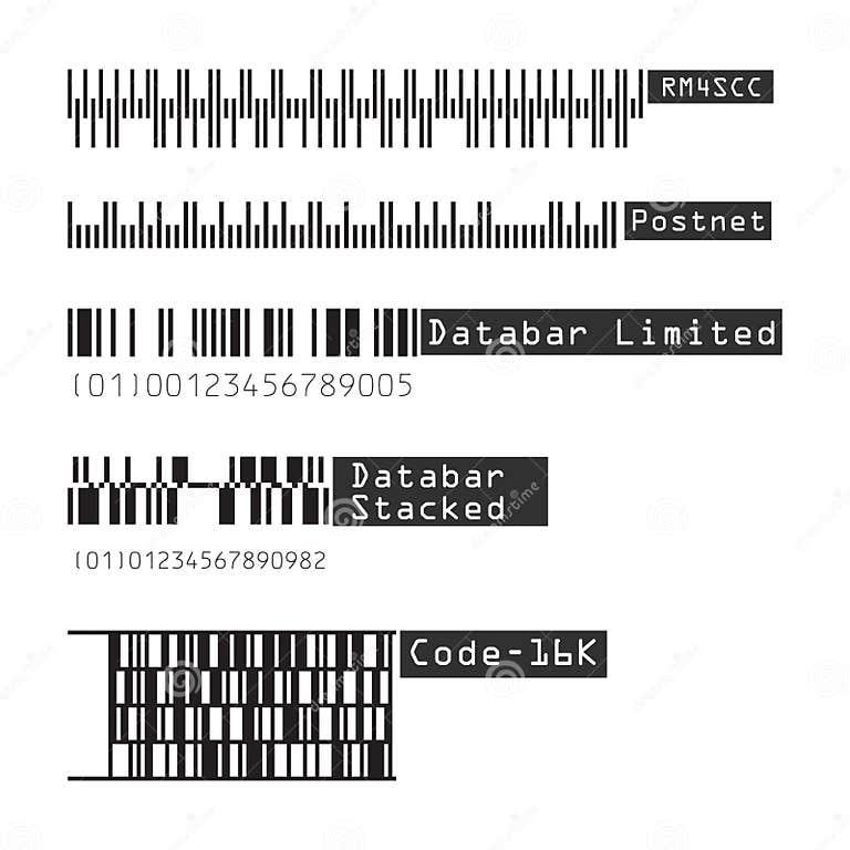 Business Barcodes and QR Codes Vector Set. RM4SCC, , Postnet, Databar Limited, Stacked, Code 16K ...