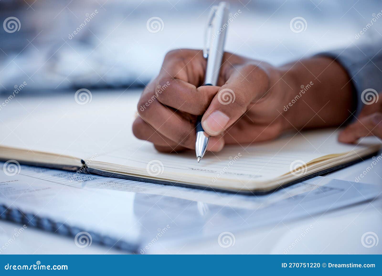 Business, Black Man and Hands Writing in Notebook, Diary and Strategy ...
