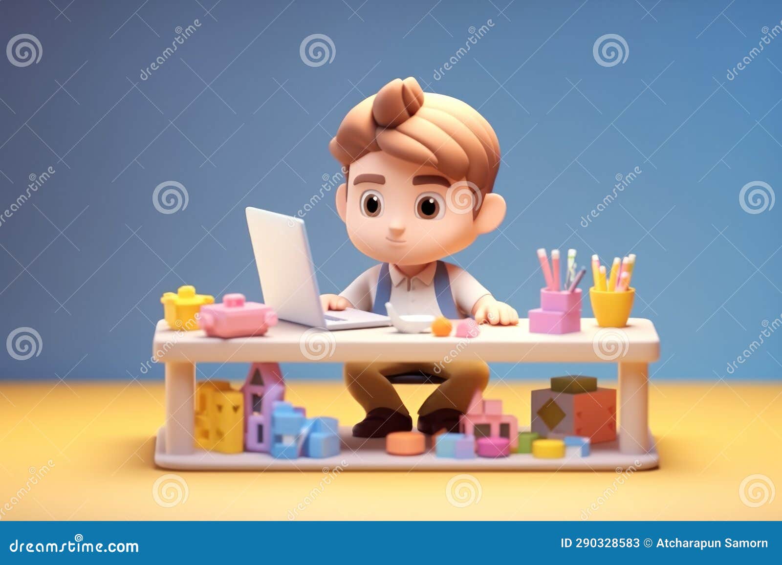 A Business Boy Working with Laptop on Desk Tiny Cute Isometric 3D ...