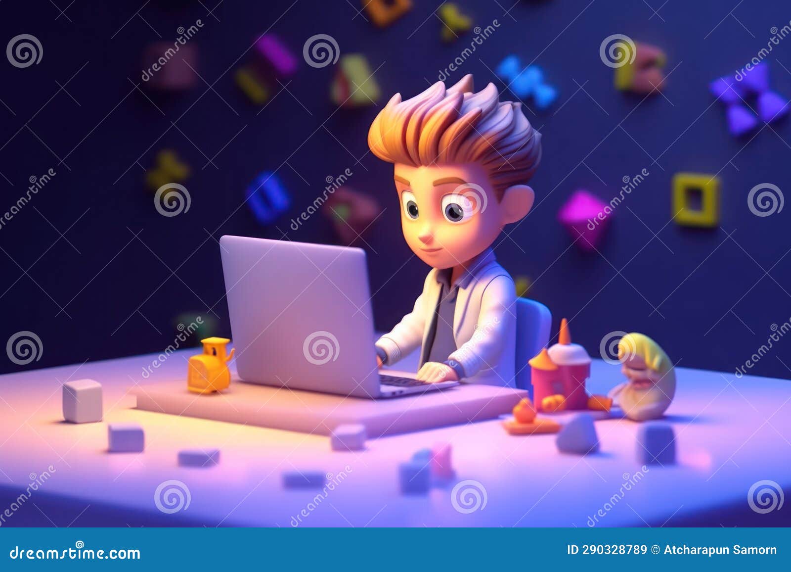 A Business Boy Working with Laptop on Desk Tiny Cute Isometric 3D ...
