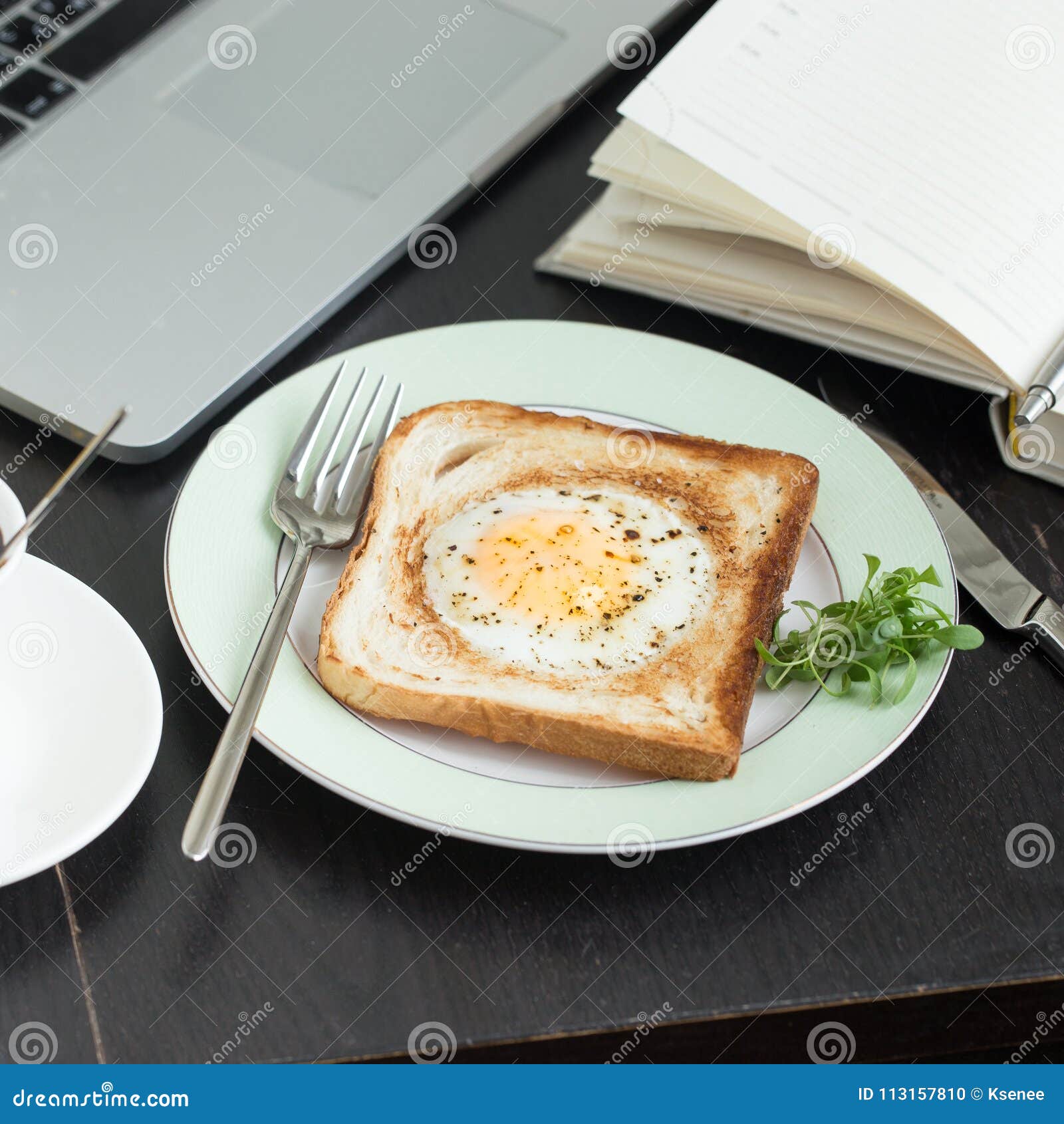 Business Breakfast. Egg Fried in Toast with Coffee Stock Photo - Image ...