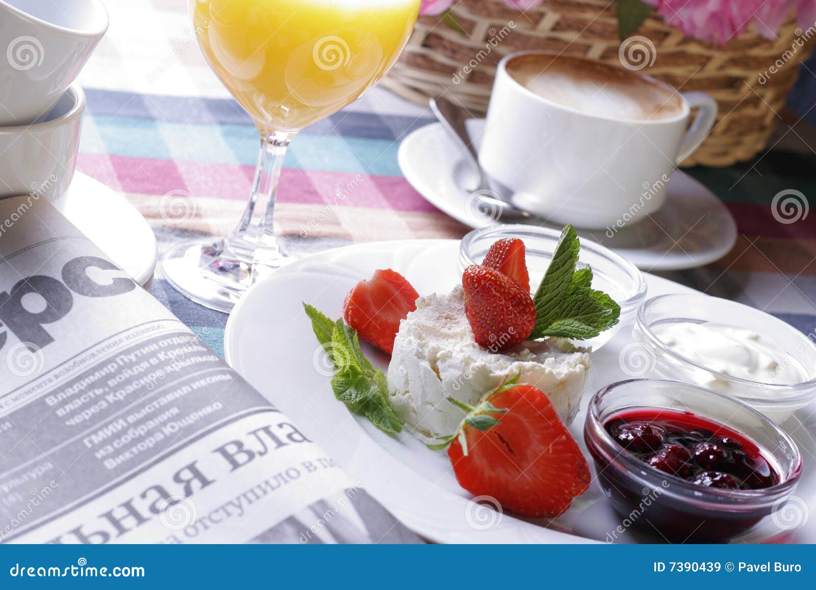 Business Breakfast In Office With Coffee, Milk And Croissant On Wooden ...