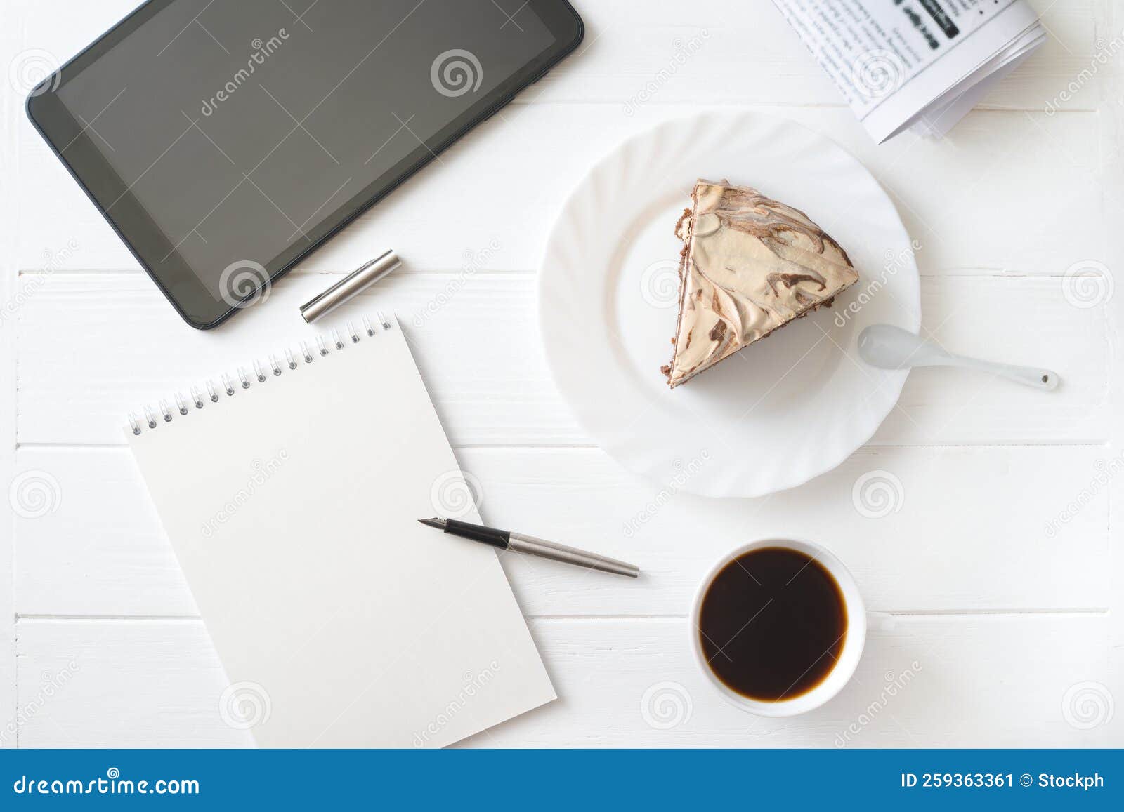Business Breakfast. on the Table Layout Notebook, Tablet, Coffee, Cake ...