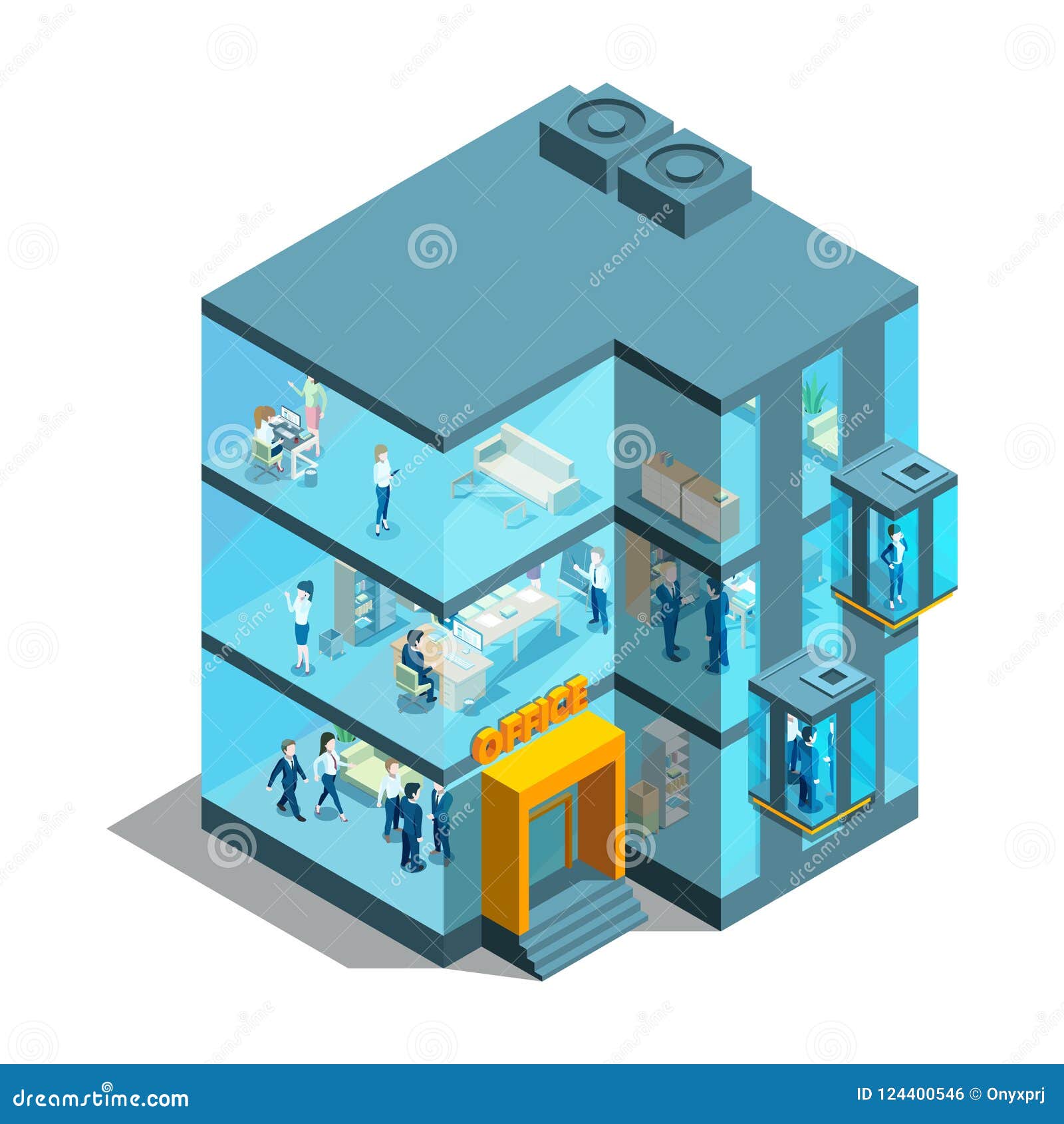 Business Building with Glass Offices and Elevators. Isometric ...