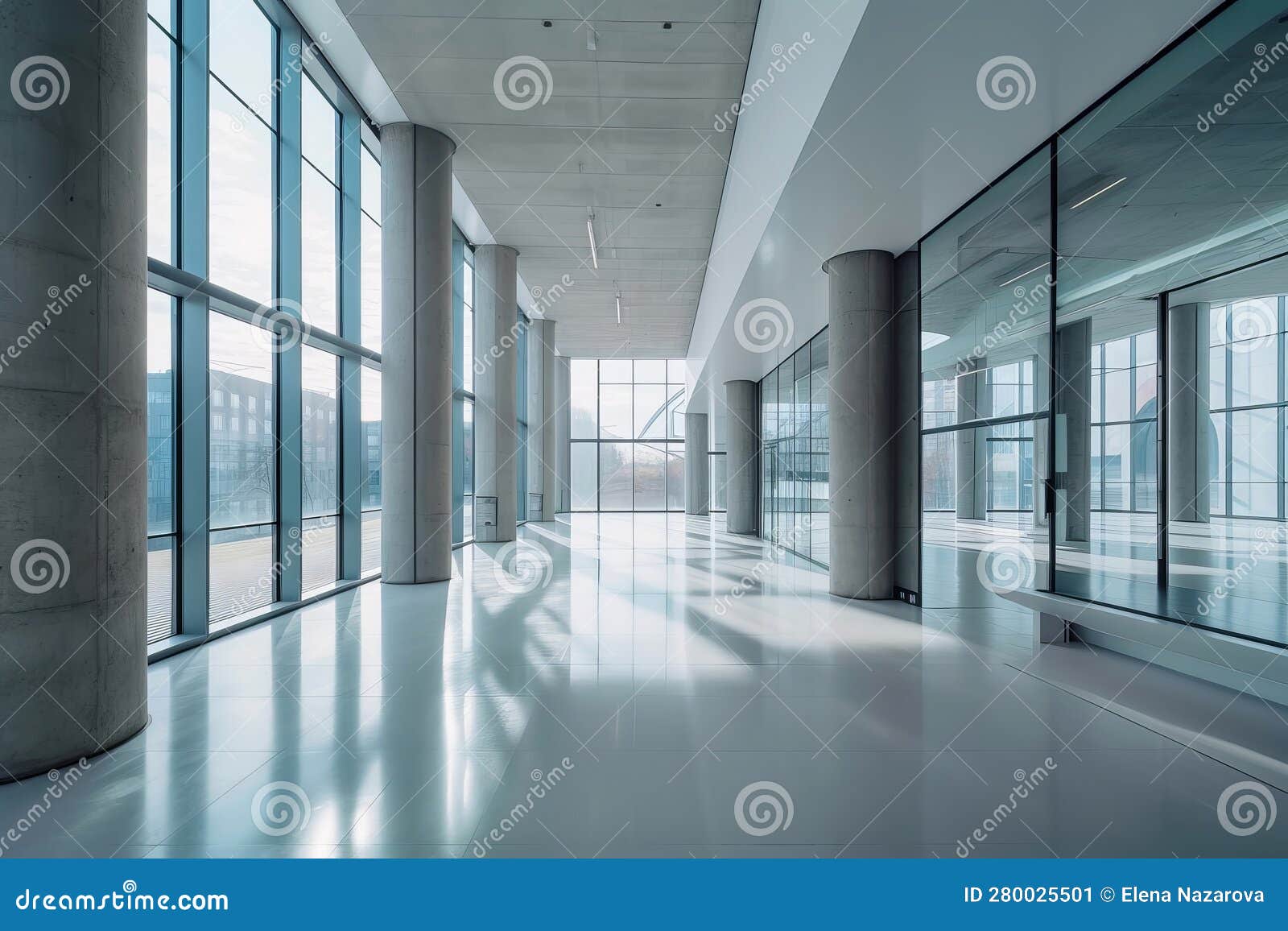 Business Center Lobby with Concrete Columns and Panoramic Windows ...