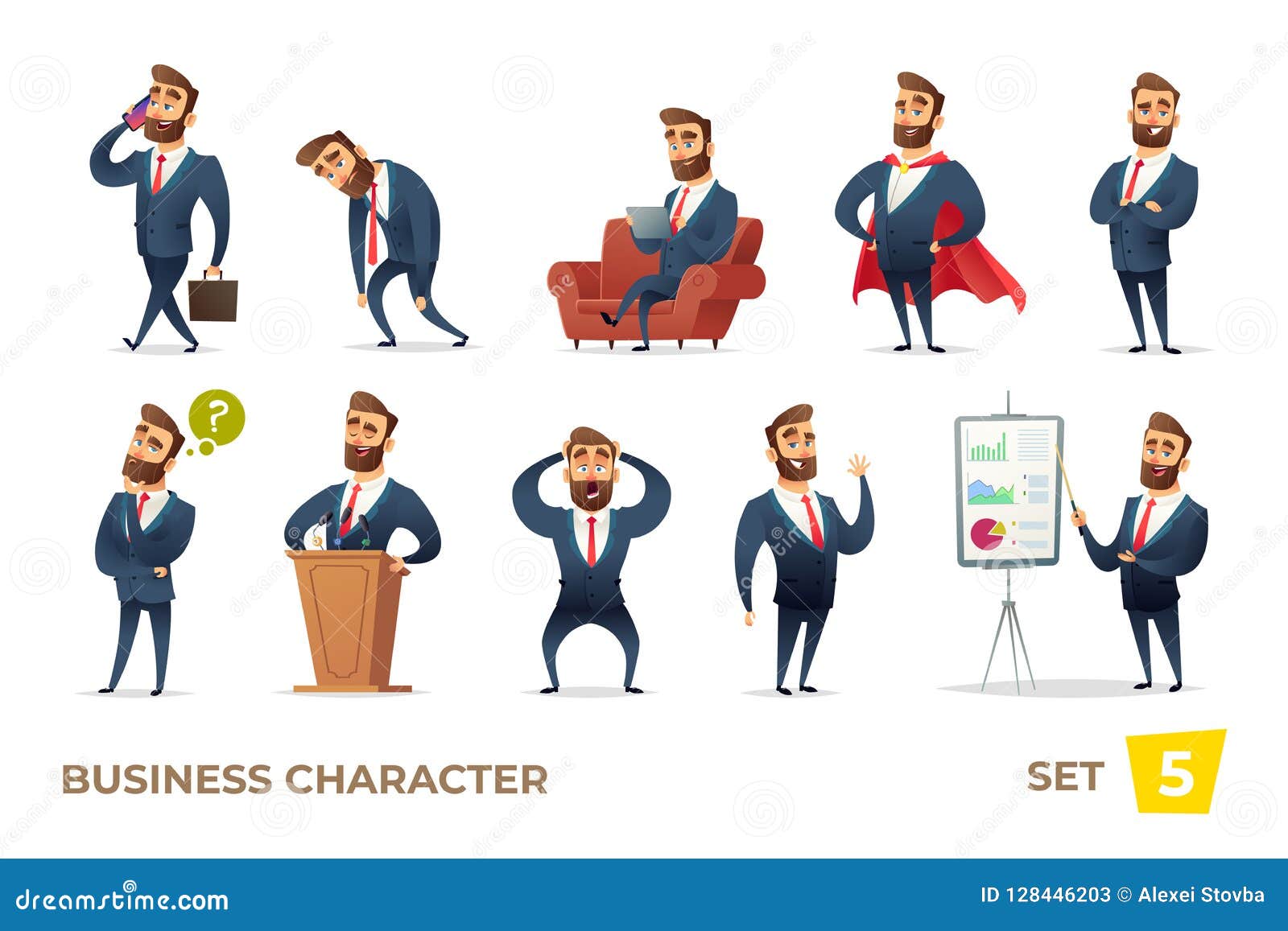 Businessman Collection. Bearded Charming Business Men in Different ...