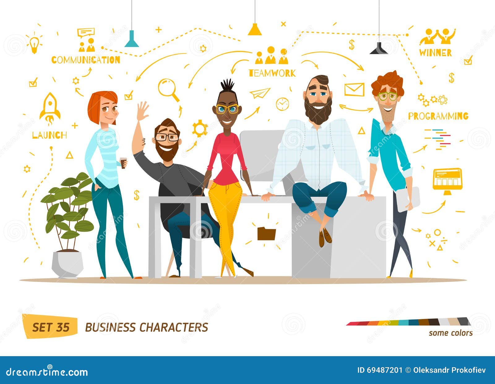 Business Characters Team Climbing At Huge Growing Graph. Leader Stand ...