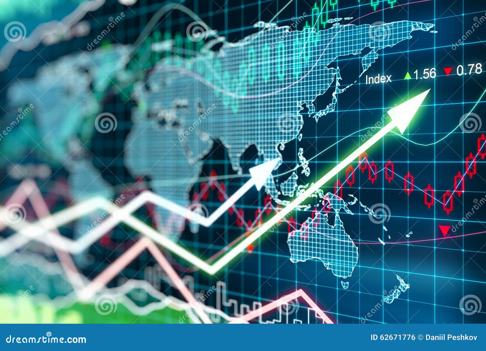 Business Chart with Glowing Arrows and World Map Stock Illustration ...