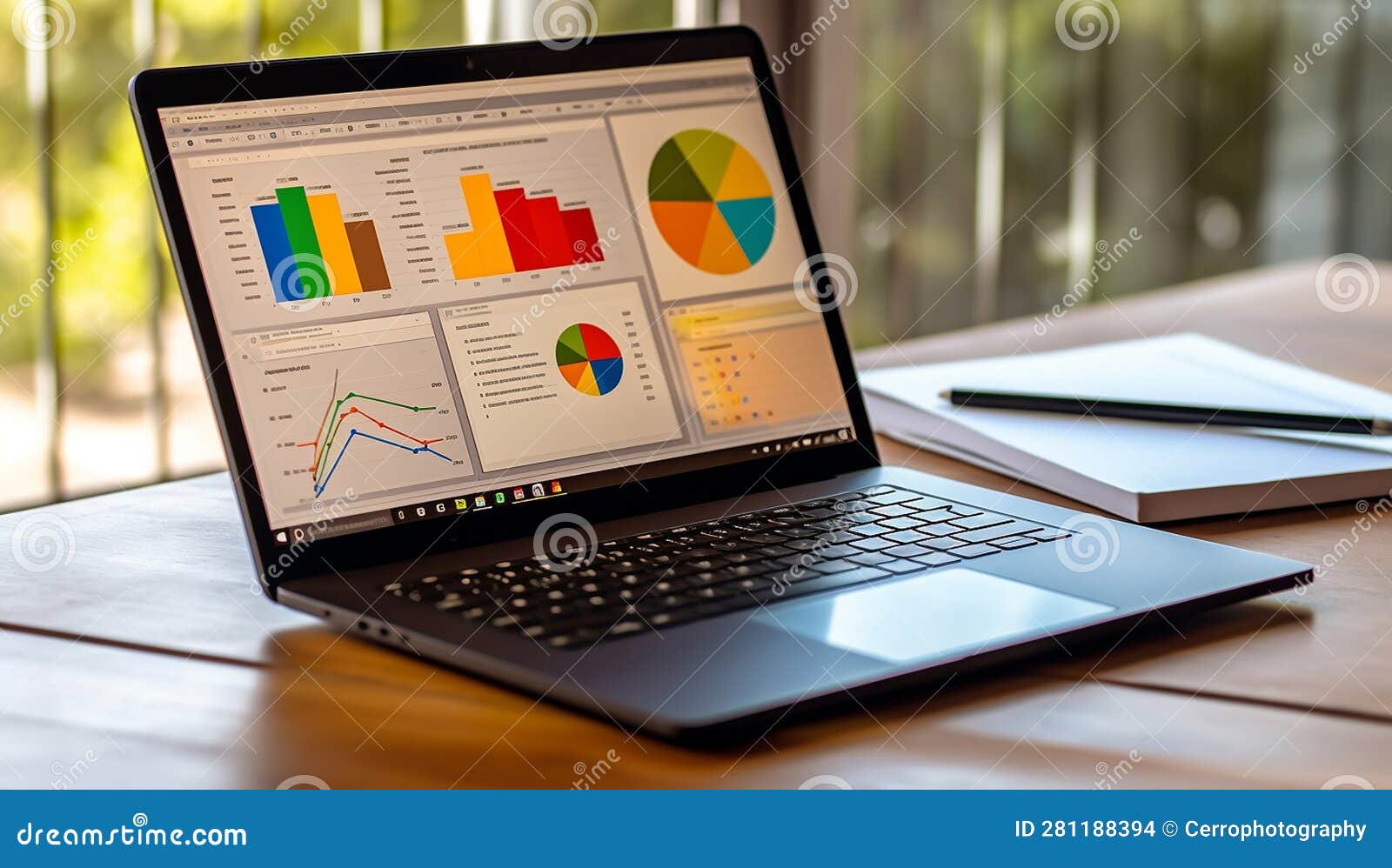 Business Chart Statistics, Bar Graph and Pie Chart on Laptop Screen on ...