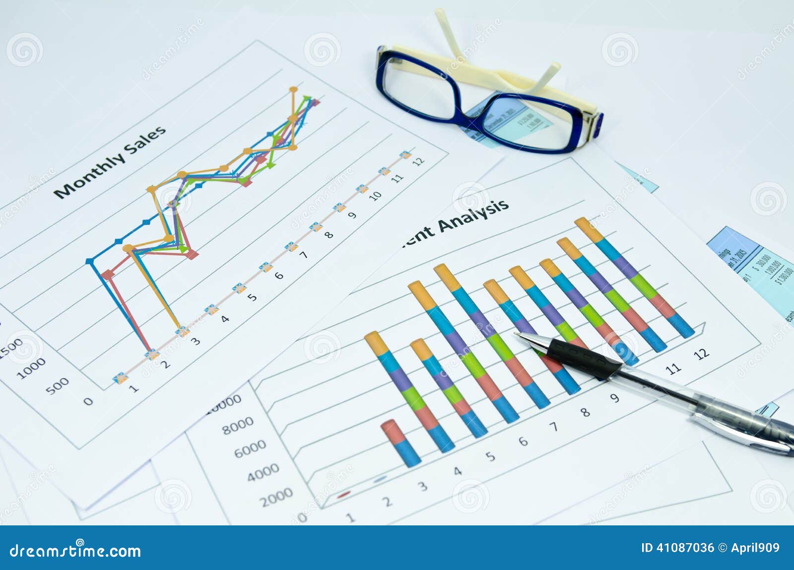 Business Charts and Graph with Glasses Eye and Pen Stock Photo - Image ...