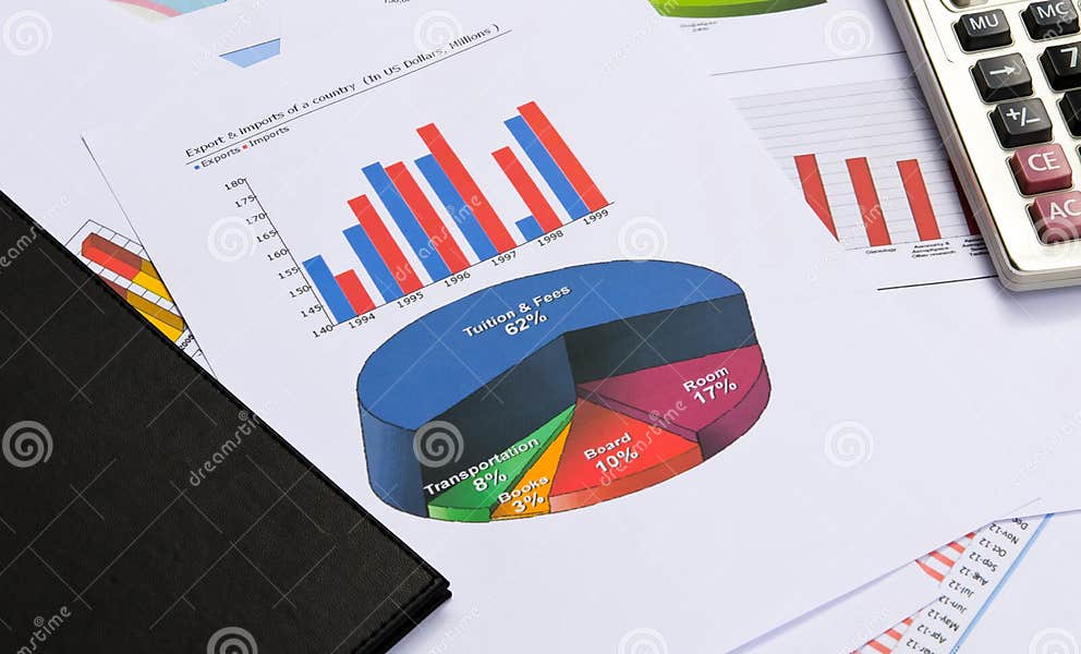 Business Charts and Graphs with Book and Calculator Stock Photo - Image ...