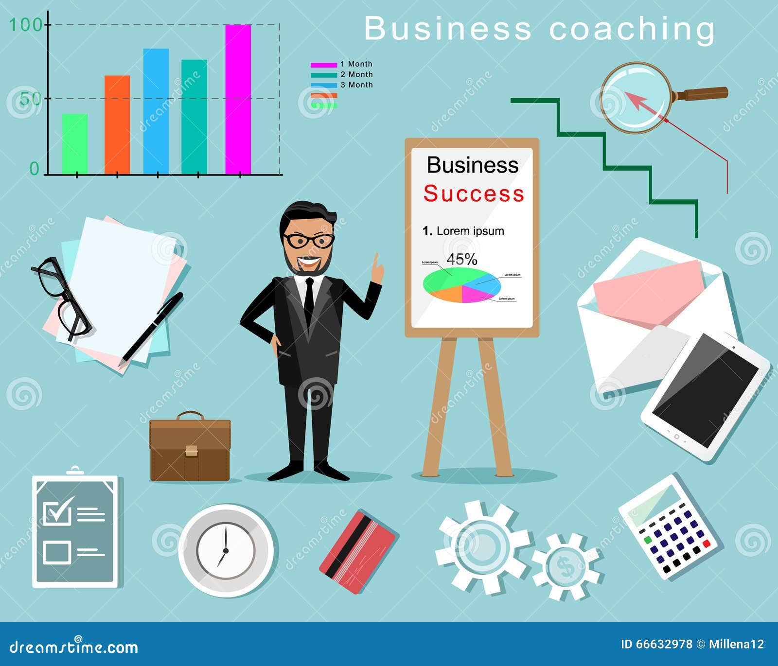 Business Coaching Infographic. Man with Board and Different Business ...