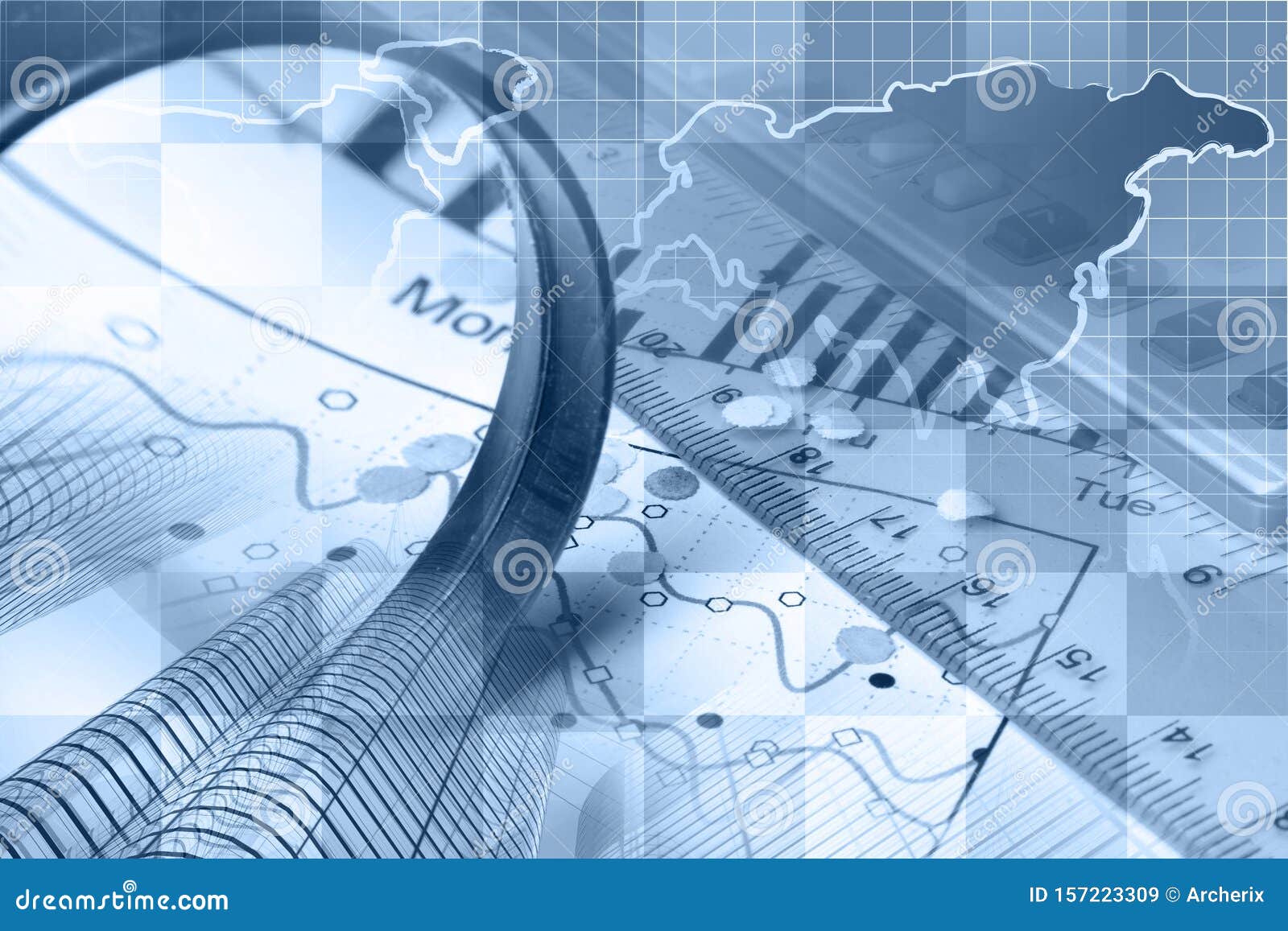 Magnifier, Graph and Buildings Stock Image - Image of diagram, data ...