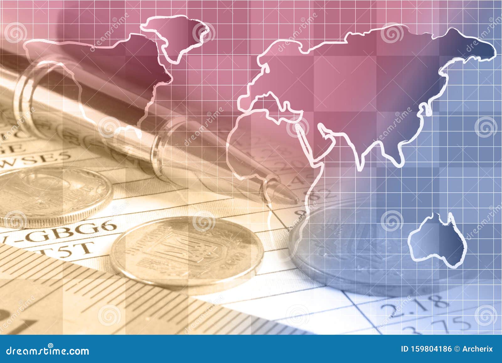 Map, table and coins stock photo. Image of blue, diagram - 159804186