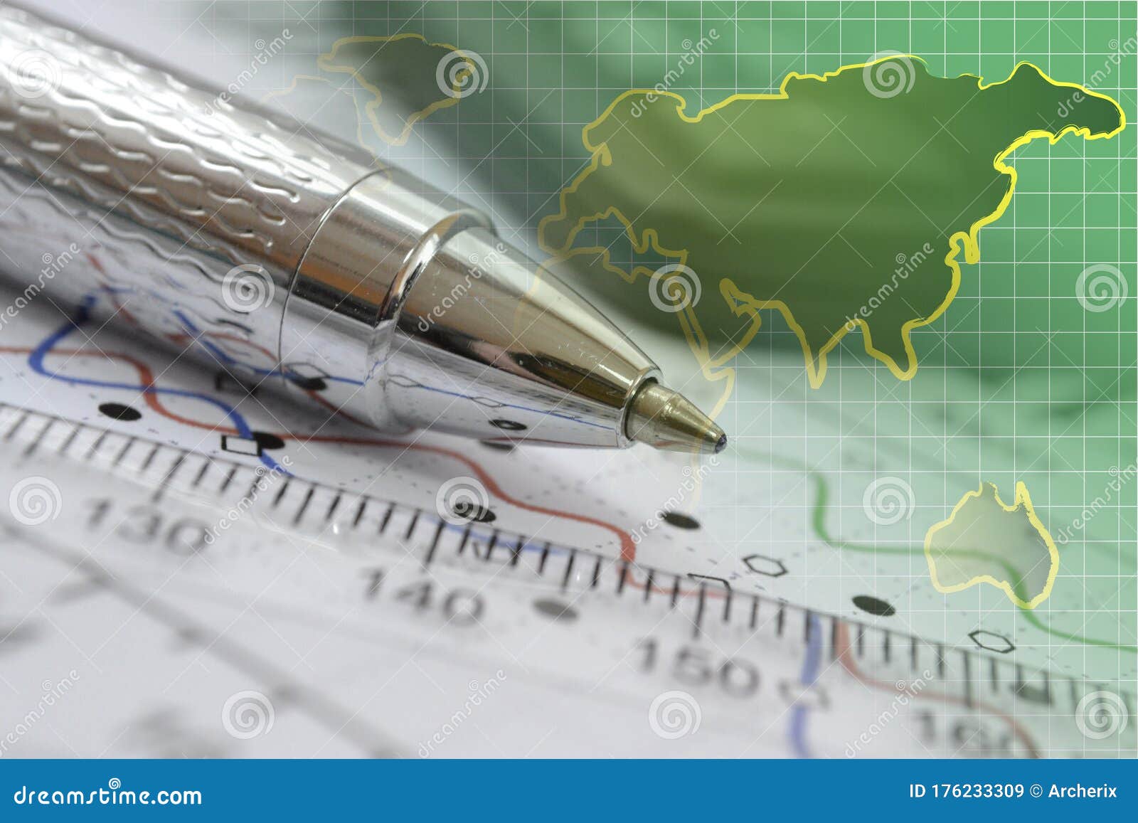 Pen, graph and map stock image. Image of corporate, commerce - 176233309