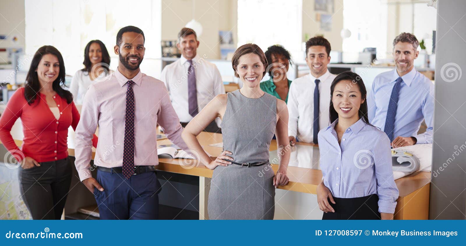 Business Colleagues Smiling To Camera in Office, Panoramic Stock Image ...