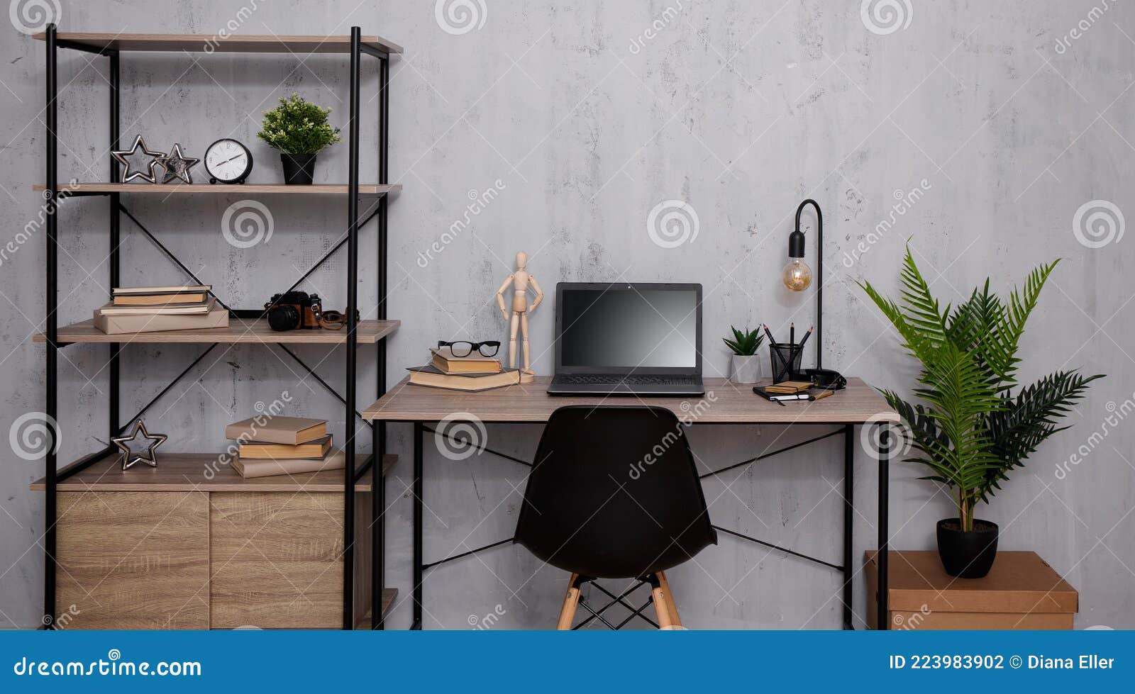 Business and Computers Concept - Room with Shelf and Table Over ...
