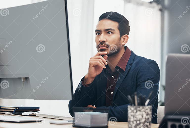 Business, Concentration and Man at Computer Thinking or Brainstorming ...