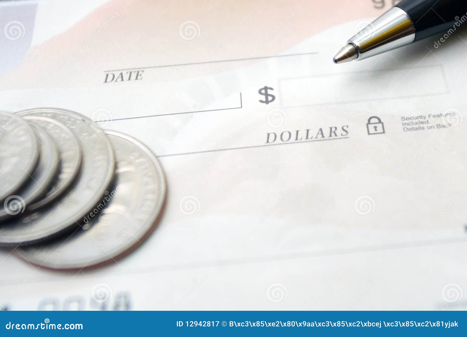 Business Concept with Check, Coins and Pen Stock Image - Image of ...