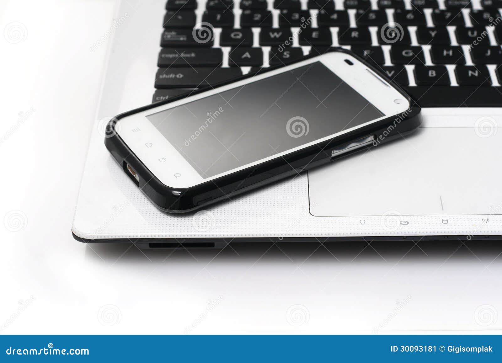 Notebook and smartphone stock image. Image of contact - 30093181