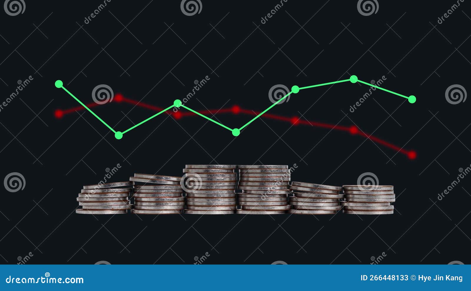 Fluctuating Line Graphs and Piles of Coins. Stock Video - Video of ...