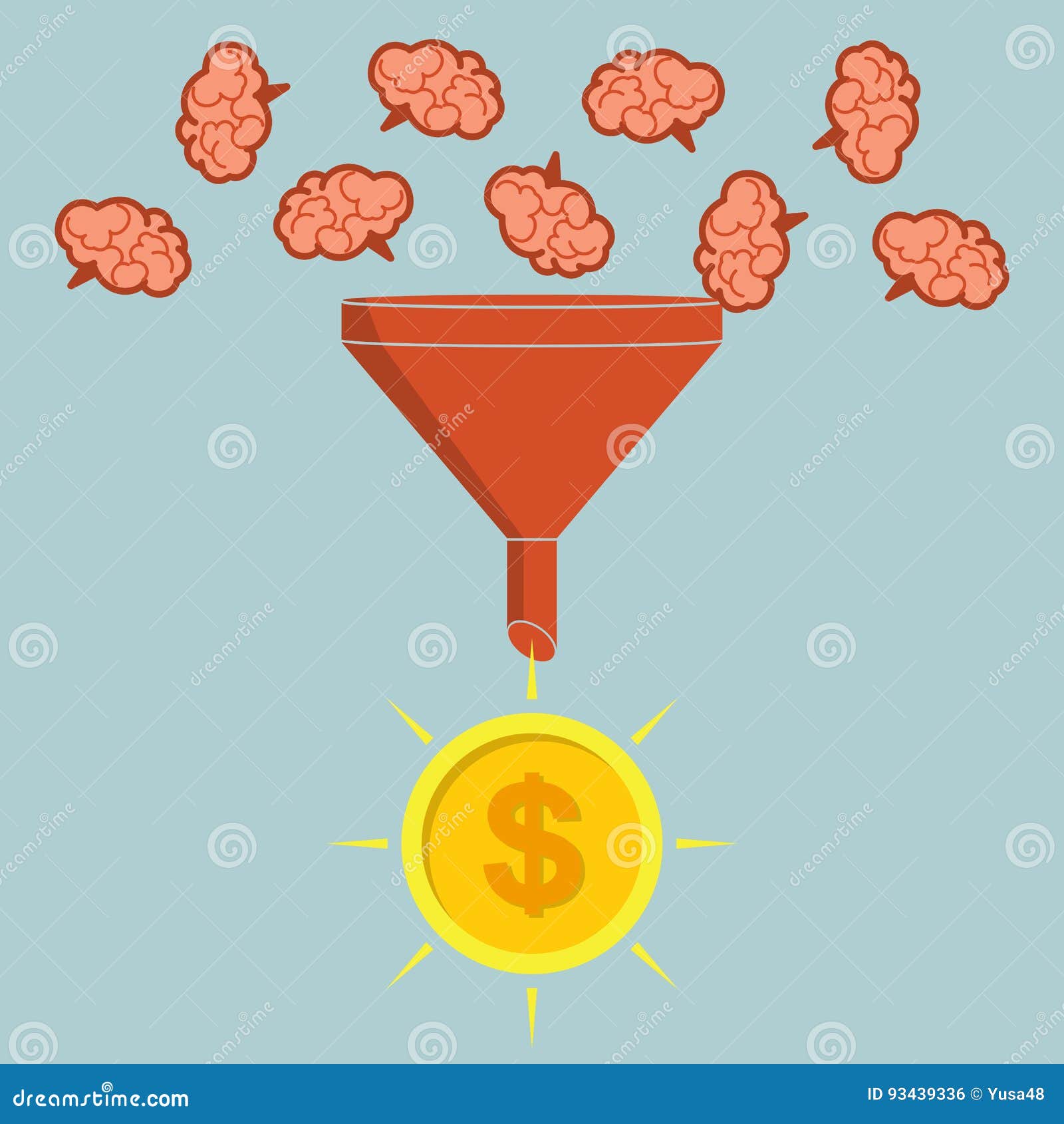 Business Concept. Sales Funnel Converting Brains into Money. Vector ...