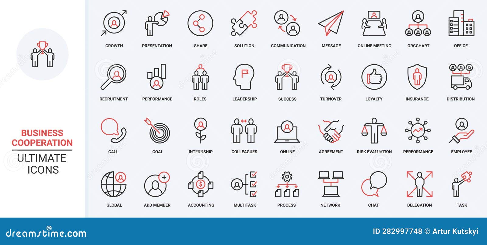 Business Cooperation Red Black Thin Line Icons Set, Human Resource ...